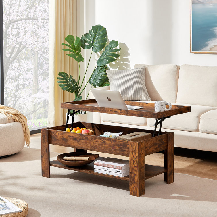 Millwood Pines Arrik Minimalist Lift Top Coffee Table w Hidden Storage Compartment Open Shelves Reviews Wayfair